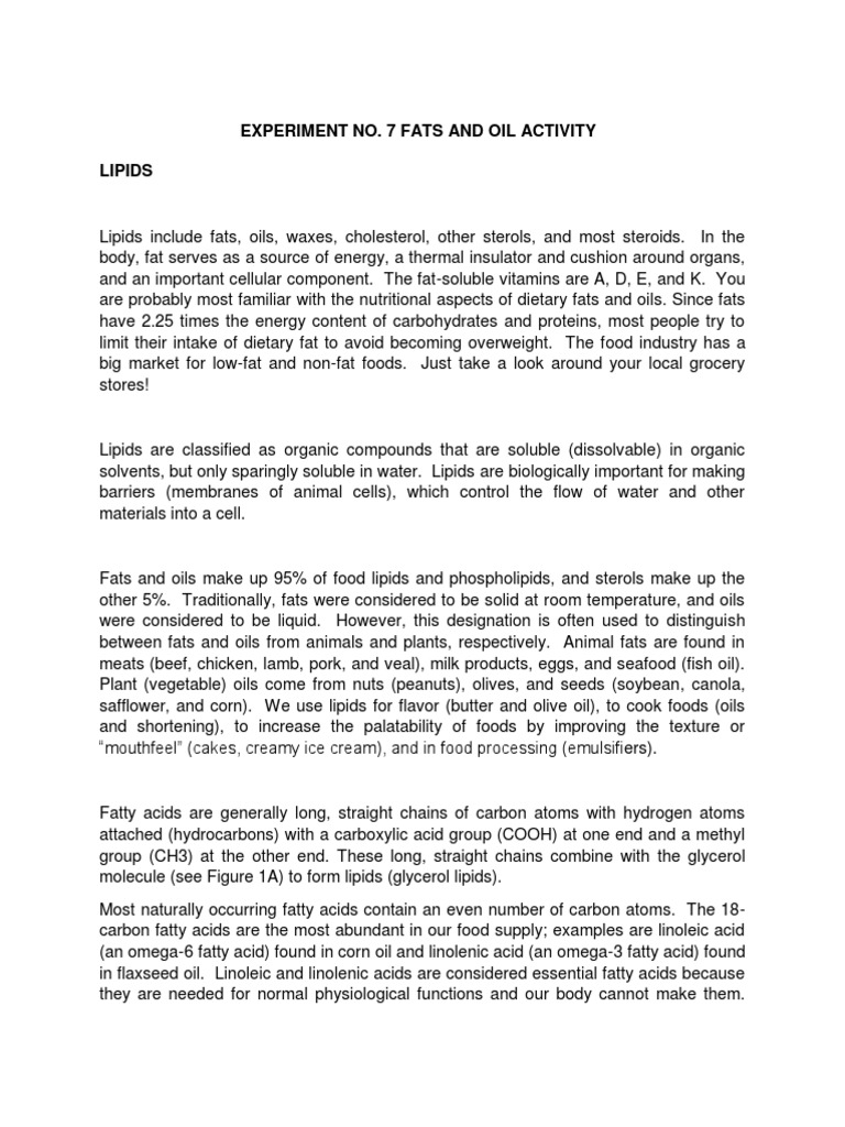 Fats and Oil Experiment | PDF | Fat | Fatty Acid