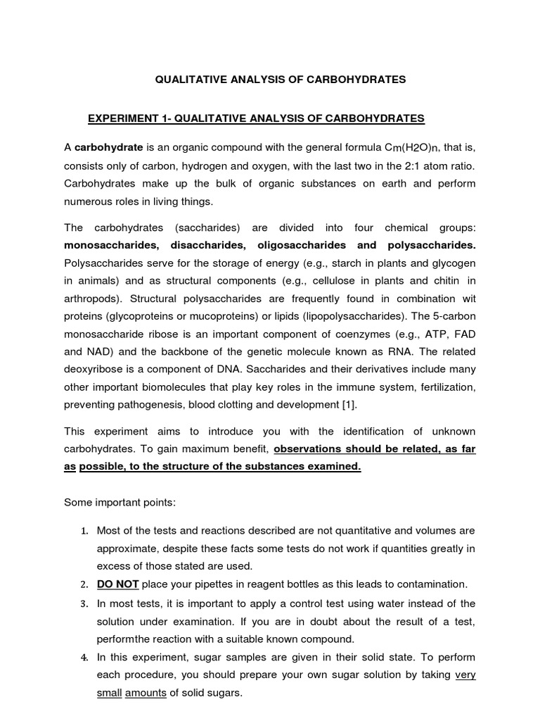 Carbohydrate Qualitative Analysis | PDF | Carbohydrates | Organic Compounds