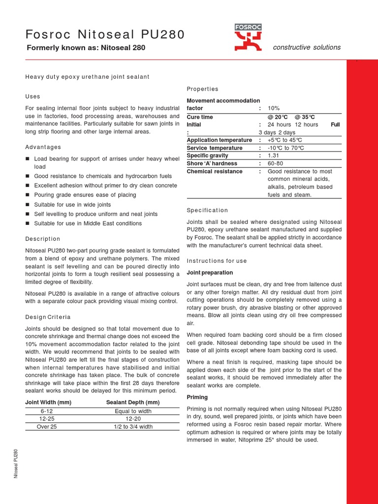 Nitoseal Pu280 (Sealant) | PDF | Epoxy | Concrete