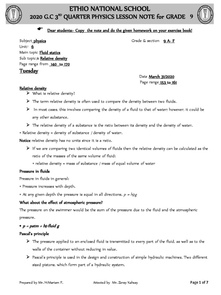 Physics Grade 9 - Lesson Note | PDF | Buoyancy | Pressure
