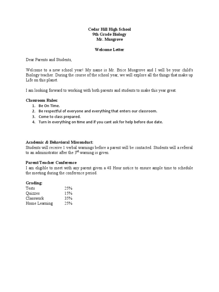 Cedar Hill High School 9th Grade Biology Mr. Musgrove Welcome Letter | PDF