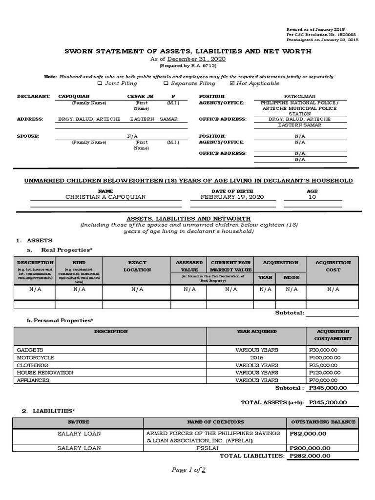 Sworn Statement of Assets, Liabilities and Net Worth | PDF | Net Worth | Economies