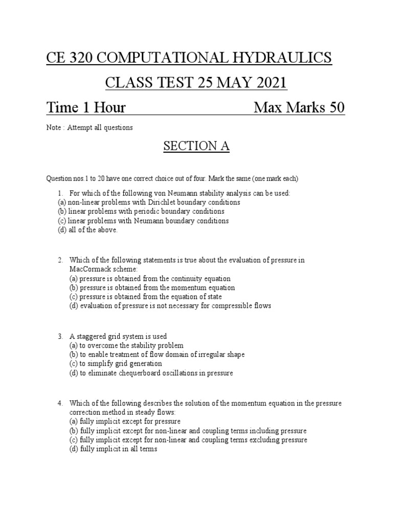 CE320 CFD Class Test 25 May 2021 | PDF | Fluid Dynamics | Viscosity