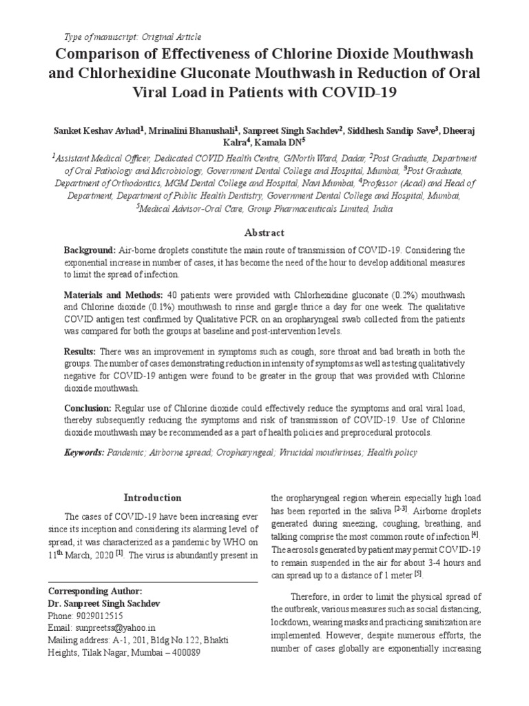 Avhad (2020), Comparison of Effectiveness of Chlorine Dioxide Mouthwash ...