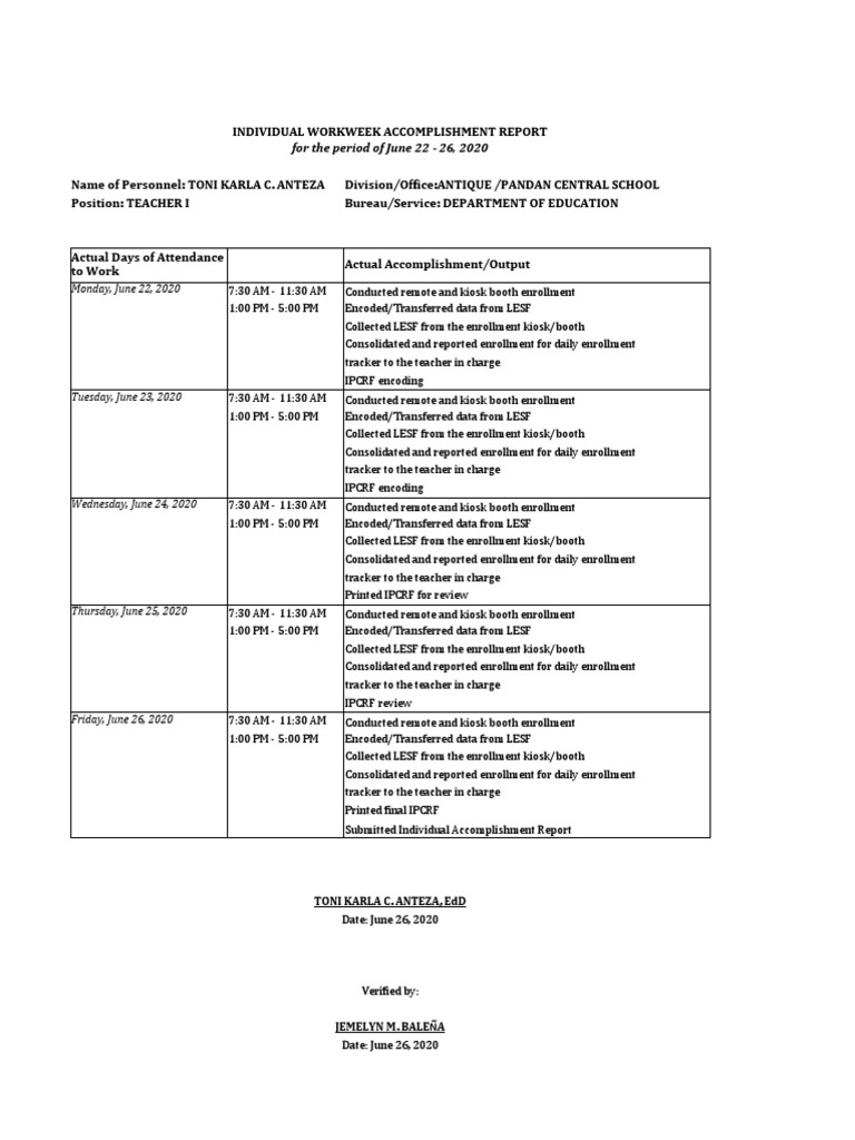 ANTEZA - June 22 26 Individual Workweek Accomplishment Report | PDF