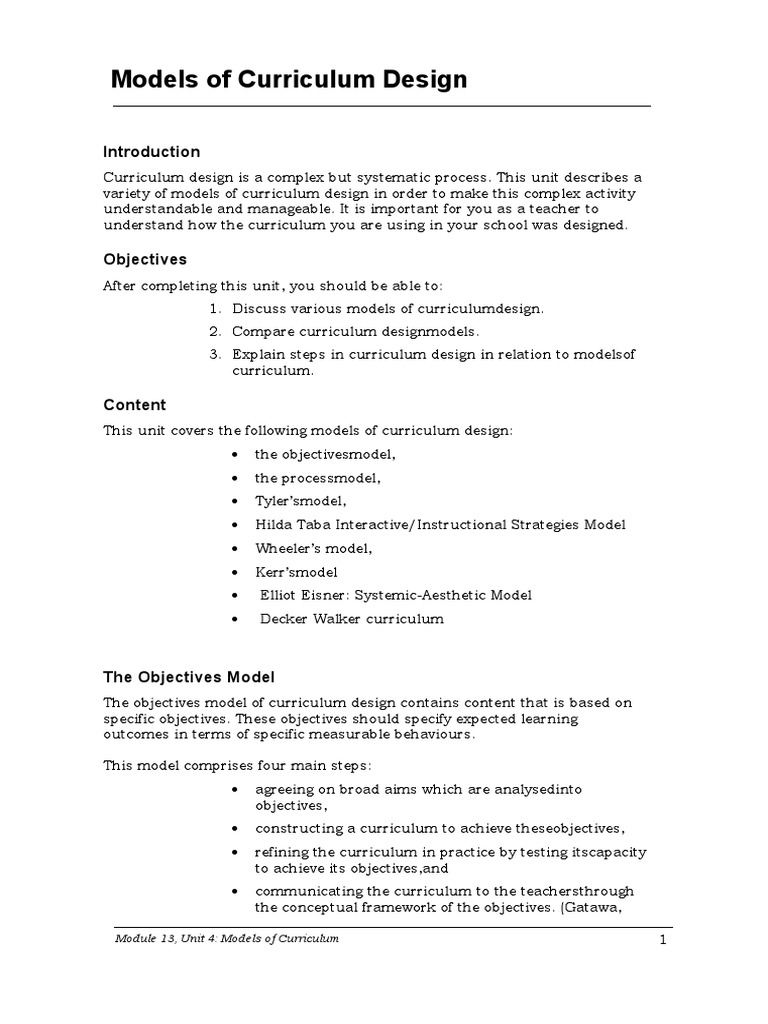 Curriculum Models Design | PDF | Curriculum | Evaluation