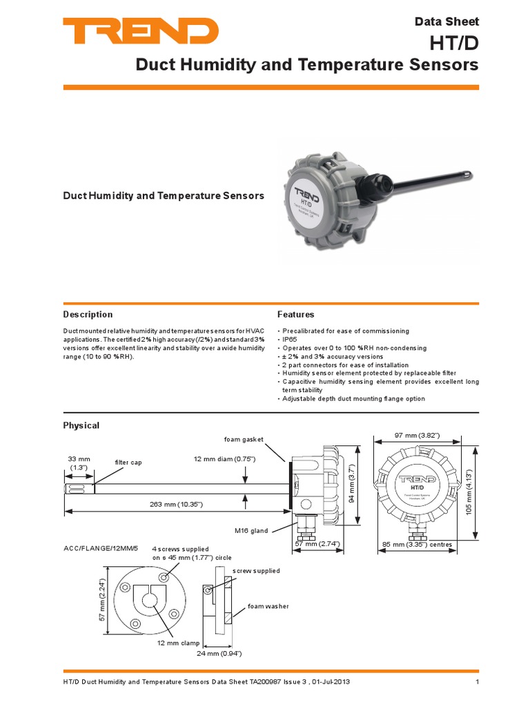 Trend Data Sheet HT/D Duct Humidity and Temperature Sensors | PDF ...