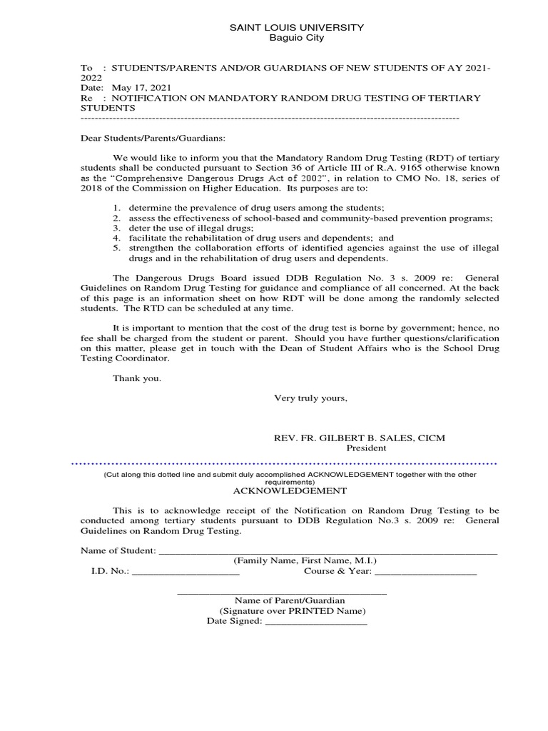 Random Drug Testing Acknowledgment Form | PDF | Drug Test