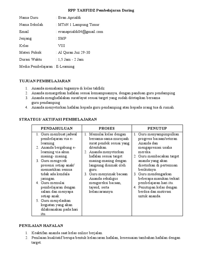 RPP Tahfidz - Kelas VII E - 16 Januari 2021 - Pert. 1 | PDF | Karier & Perkembangan
