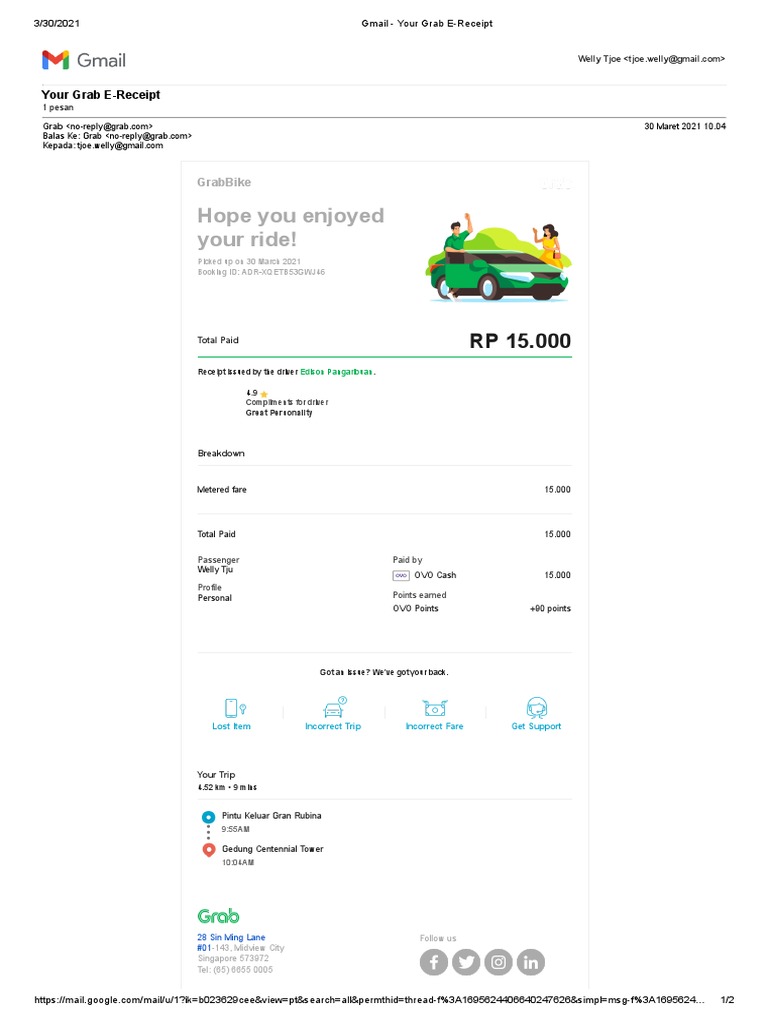 Gmail - Your Grab E-Receipt - 30.03.2021 | PDF | Service Industries