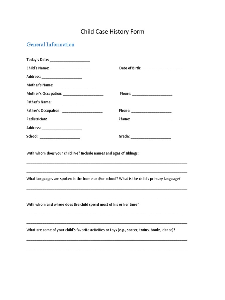 Child Case History Form Template | PDF | Mental Disorder | Medicine