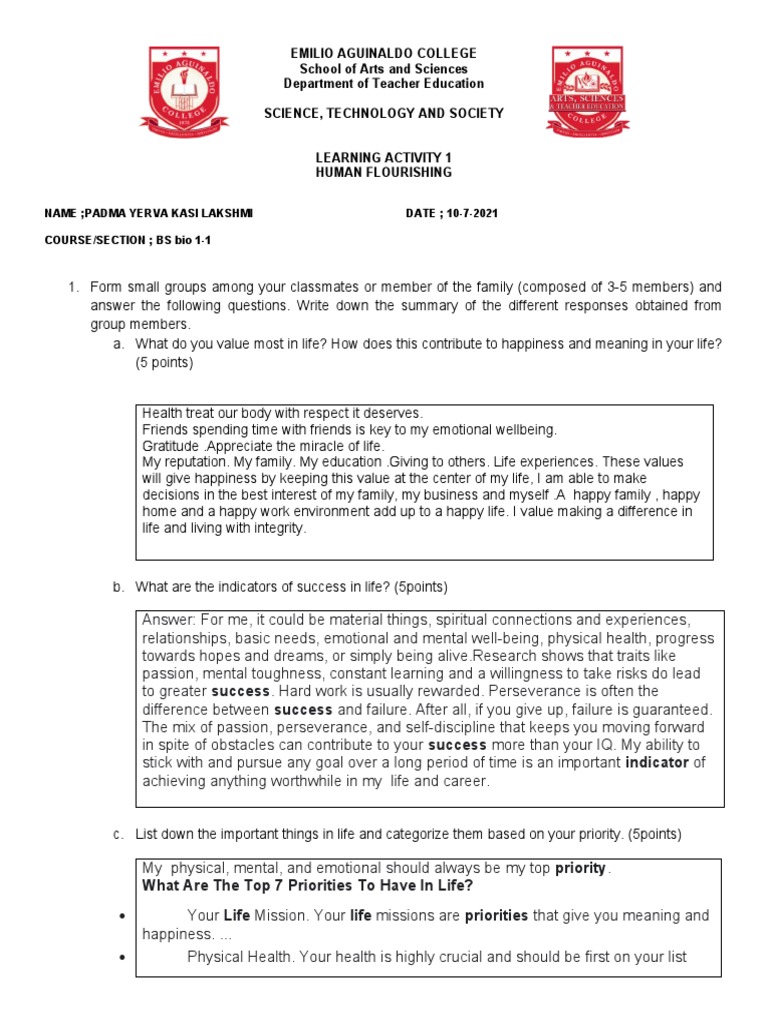 Learning Activity 1 - Human Flourishing | PDF | Goal | Happiness