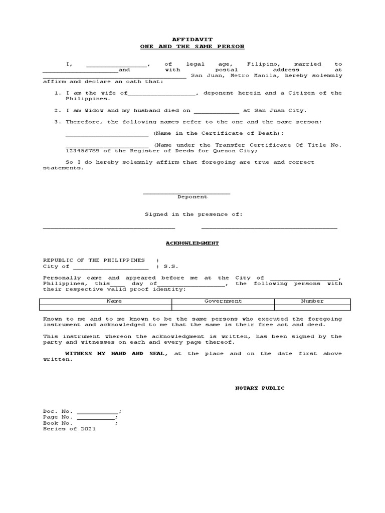 Affidavit of One and Same Person-Template | PDF | Law