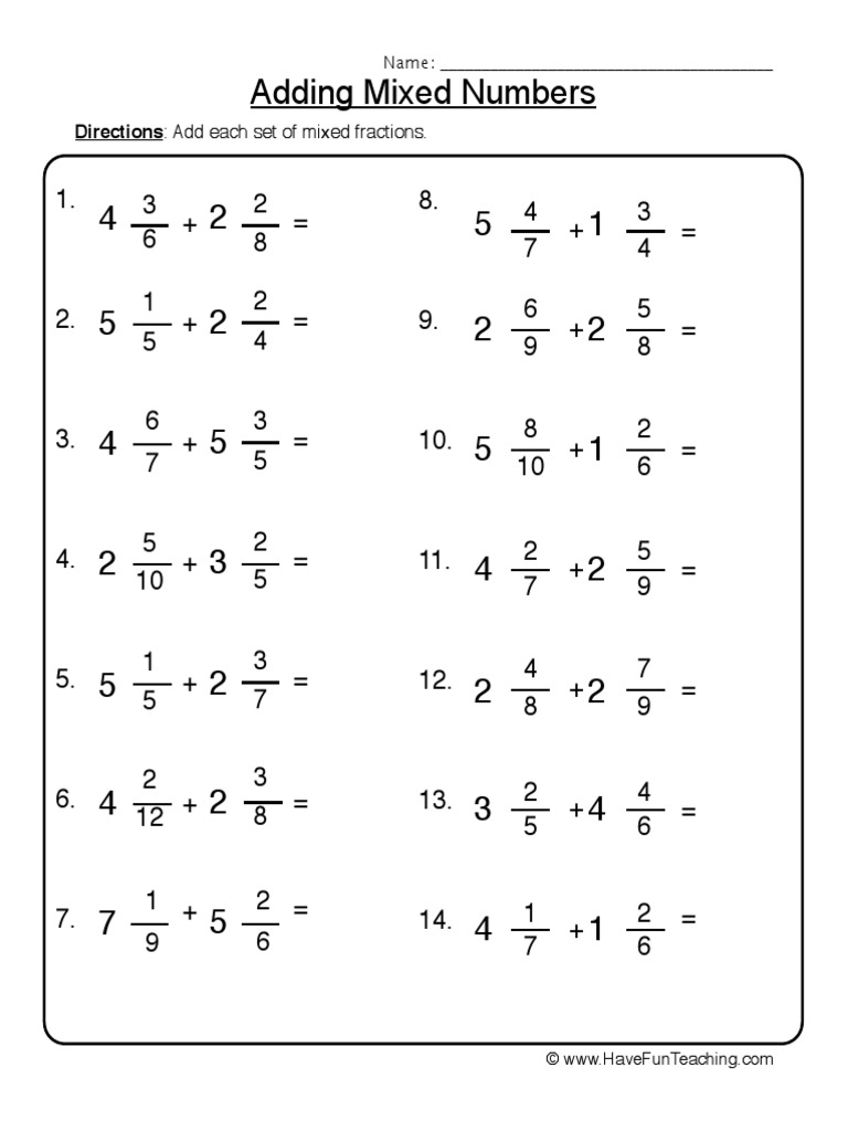 Adding Mixed Numbers Worksheet 2 | PDF