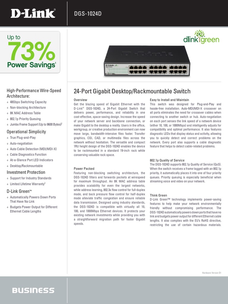 24-Port Gigabit Desktop/Rackmountable Switch: DGS-1024D | PDF ...