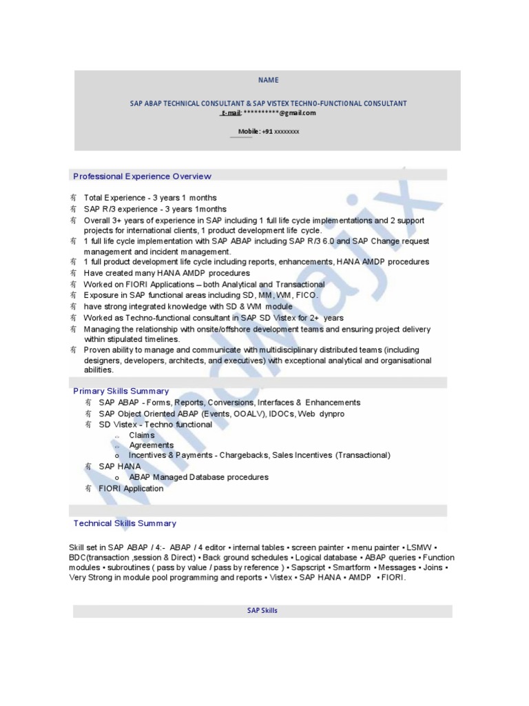 Name Sap Abap Technical Consultant & Sap Vistex Techno-Functional ...