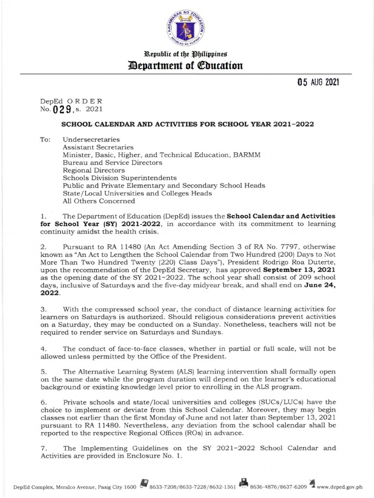 DO s2021 029 School Calendar and Activities For SY 2021 2022 | PDF