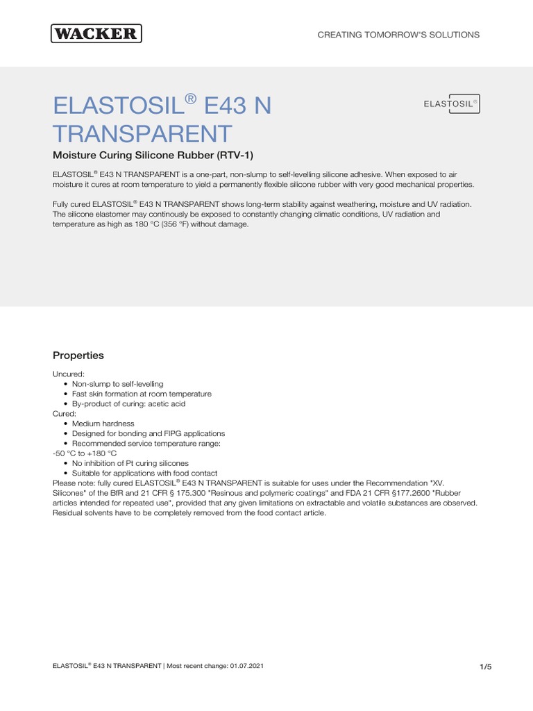 Elastosil E43 N Transparent: Moisture Curing Silicone Rubber (RTV-1) | PDF | Silicone | Adhesive