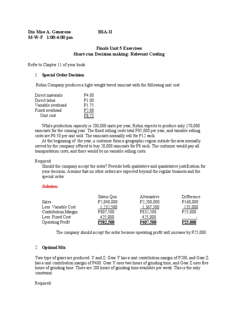 Finals Unit 5 Exercise Short Run Decision Making | PDF | Cost | Prices