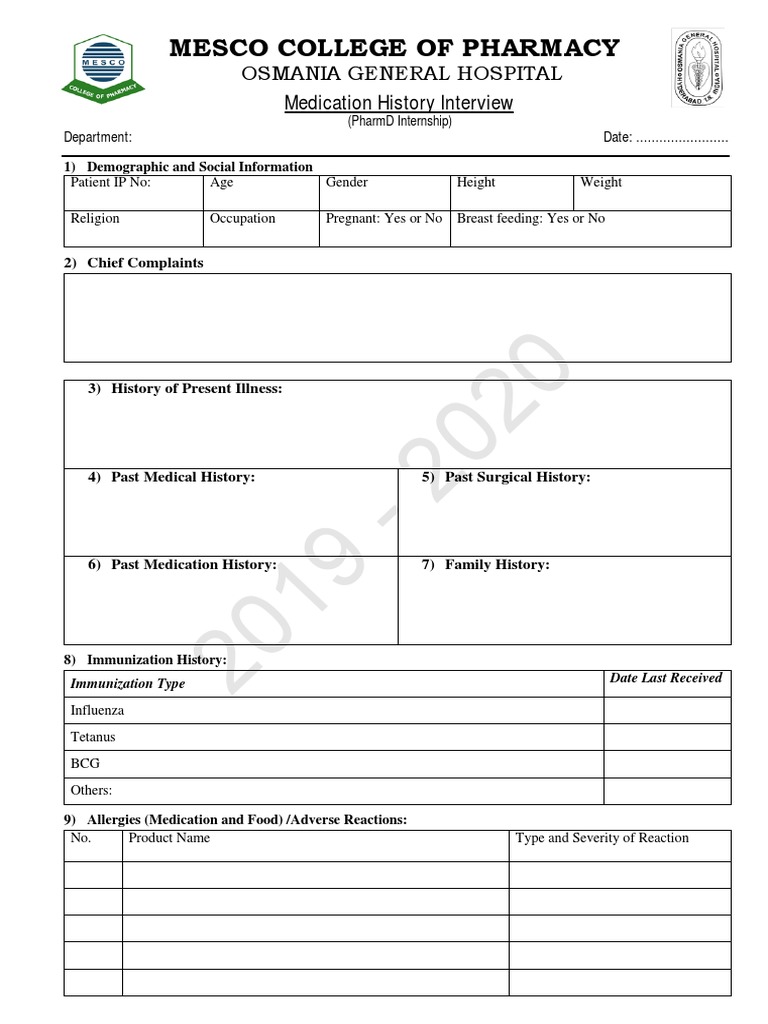 Medication History Interview Form-MCP+OGH-PharmD VI Year Internship ...