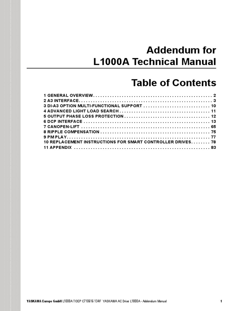 YASKAWA L1000A Addendum Manual | PDF | Feedback | Parameter (Computer Programming)