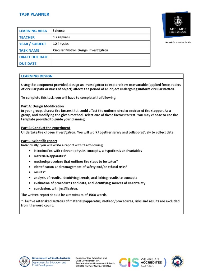 Stage 2 Physics IF Circular Motion Investigation 2021 | PDF | Data ...
