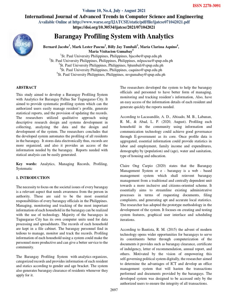 Barangay Profiling System With Analytics | PDF | Analytics | System