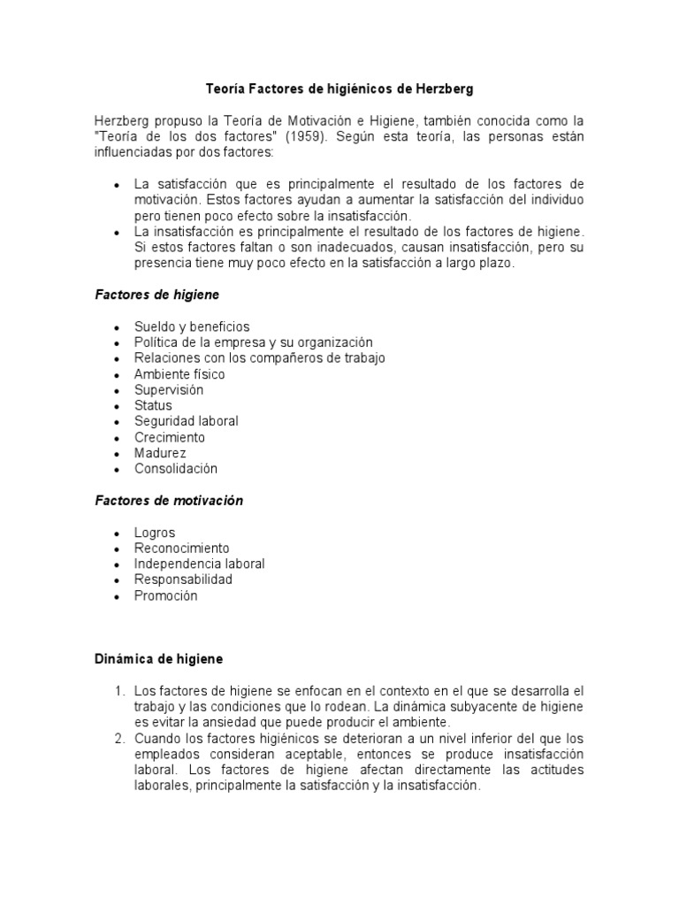 Teoría Factores de Higiénicos de Herzberg | PDF | Motivacional | Motivación