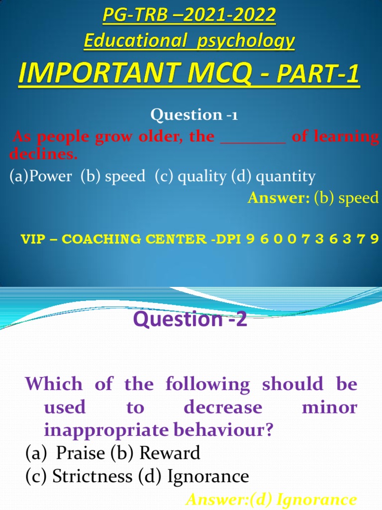 PG TRB Educational Psychology MCQ PART 1 | PDF | Learning | Behavioural Sciences