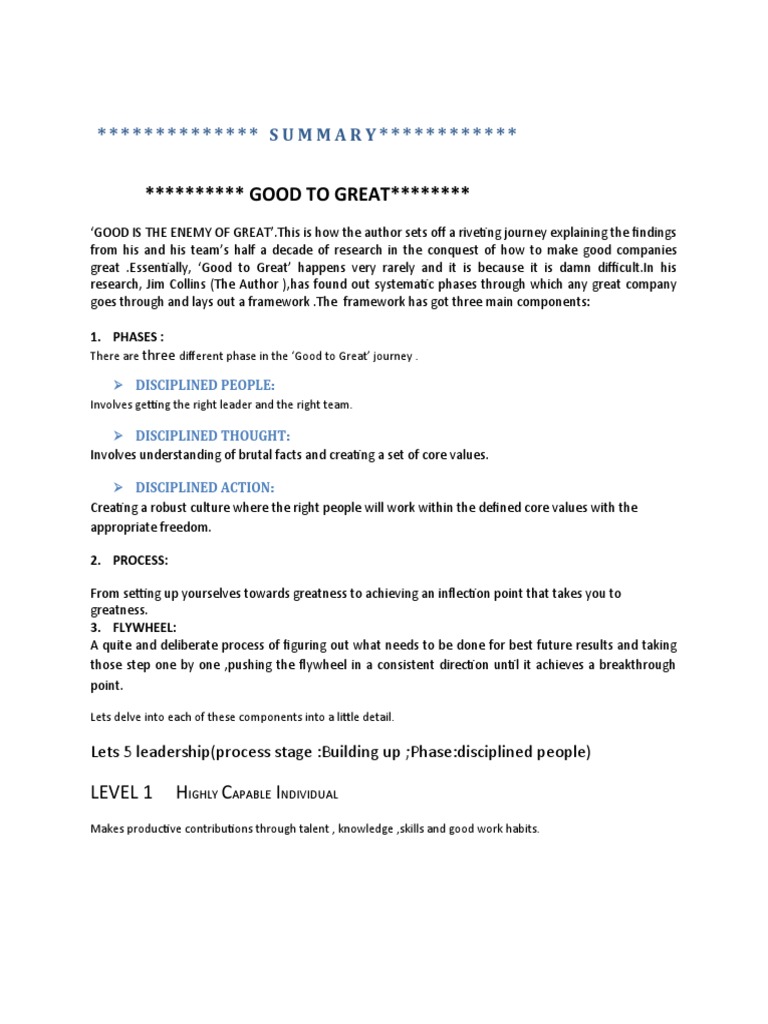 Summary Good To Great | PDF | Leadership | Concept