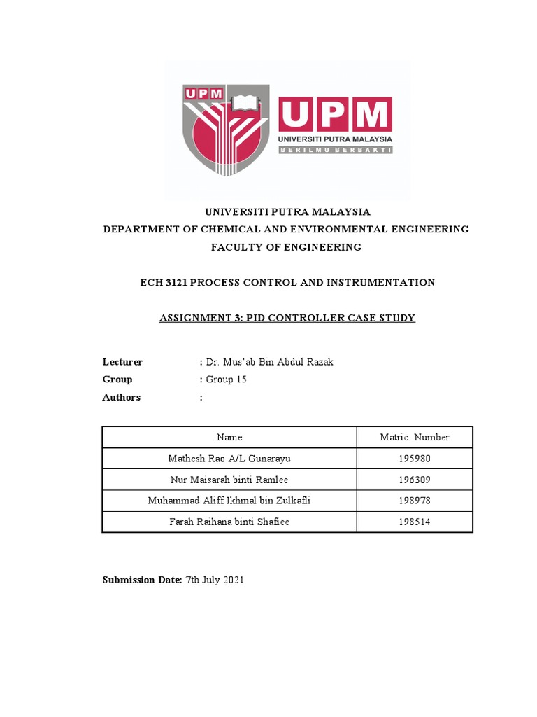 ECH3121 - Assignment 3 (PID CONTROLLER CASE STUDY) | PDF | Control ...