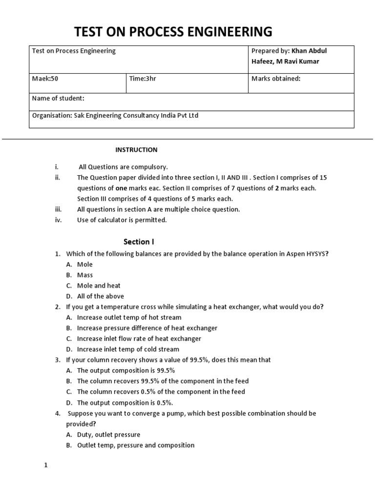 Process Design Engineering Test-1 | PDF | Pump | Pressure