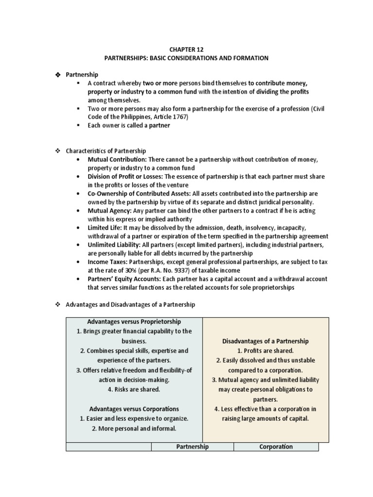 CHAPTER 12 Partnerships Basic Considerations and Formations | PDF | Partnership | Debits And Credits