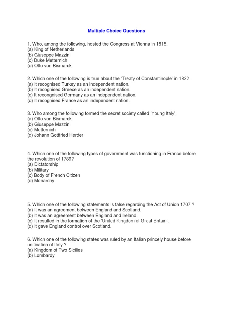 Multiple Choice Questions on Key Events and Individuals of 19th Century ...