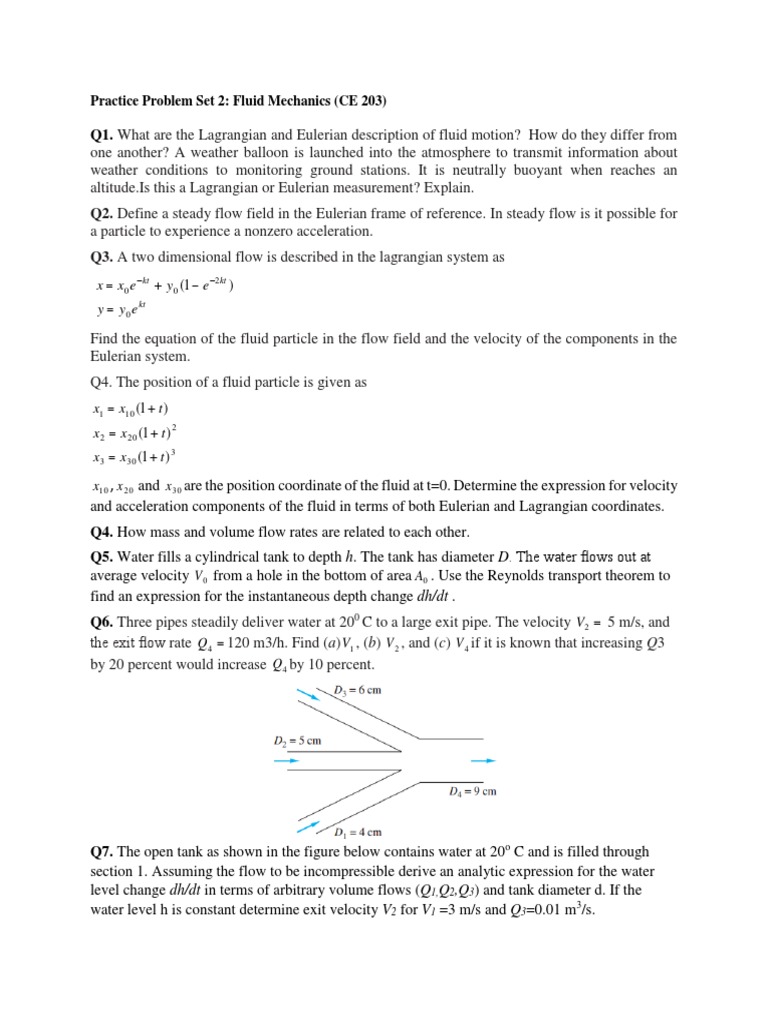 Fluid Mechanics Problem Set: Lagrangian vs Eulerian Descriptions | PDF | Continuum Mechanics ...