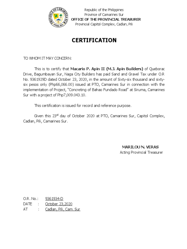 Certification: Office of The Provincial Treasurer | PDF