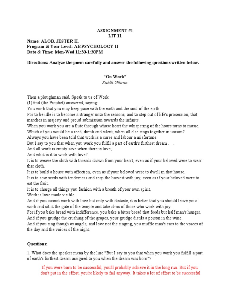 On Work: An Analysis of Kahlil Gibran's Poem | PDF