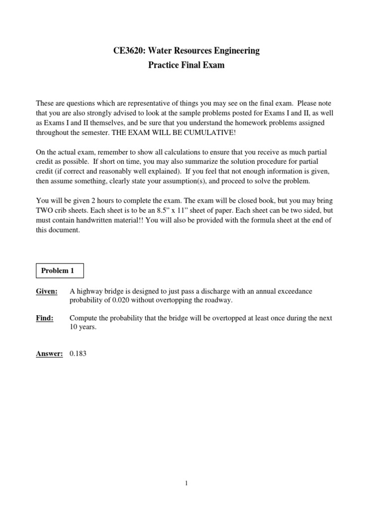CE3620: Water Resources Engineering Practice Final Exam: Problem 1 ...