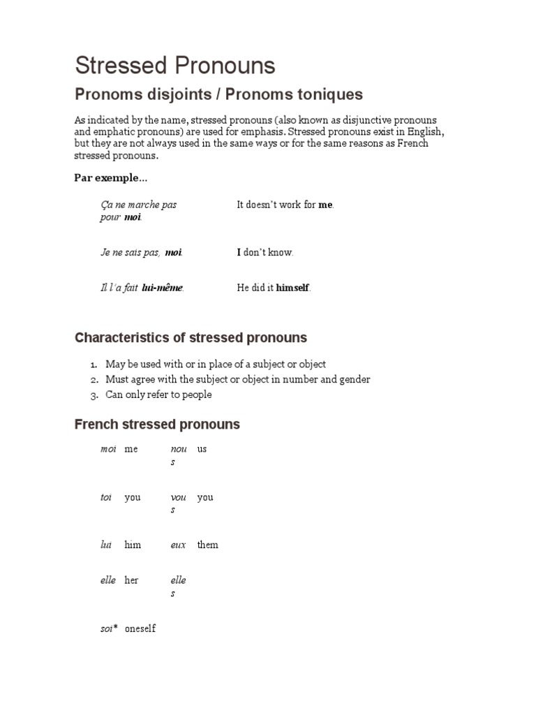 Stressed Pronouns: Pronoms Disjoints / Pronoms Toniques | Download Free ...