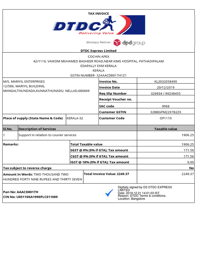 Digitally Signed by DS DTDC EXPRESS Limited Date: 2019.12.21 14:01:03 IST Reason: DTDC Terms ...