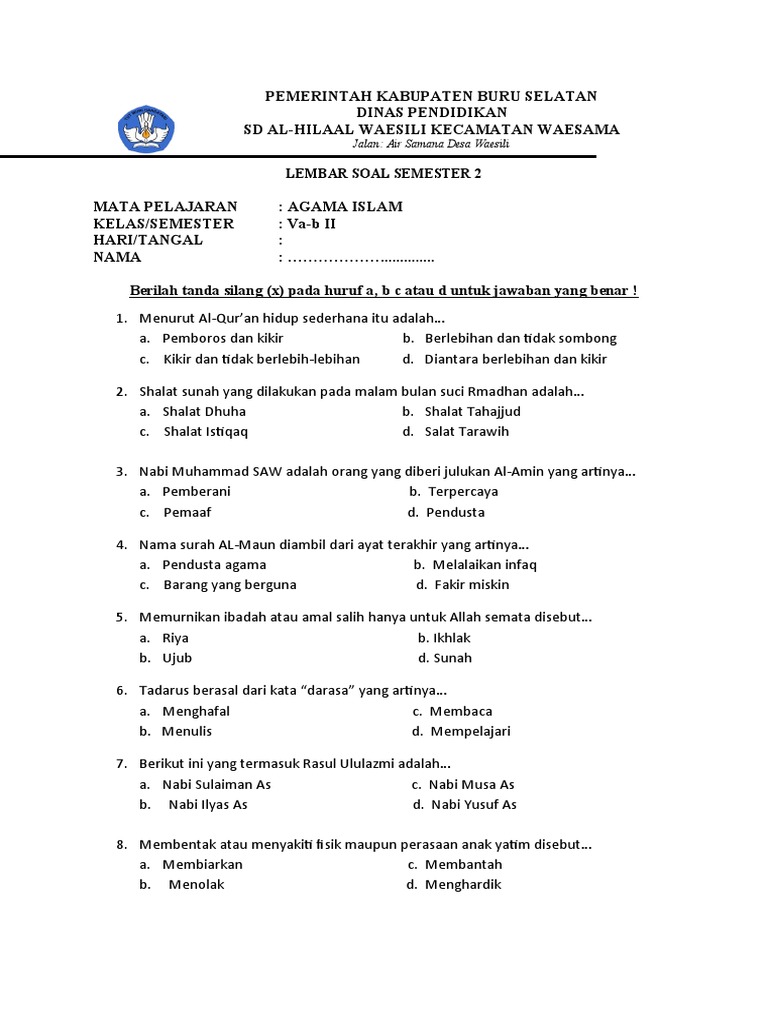 Soal PAS Agama Kls V | PDF | Agama & Spiritualitas