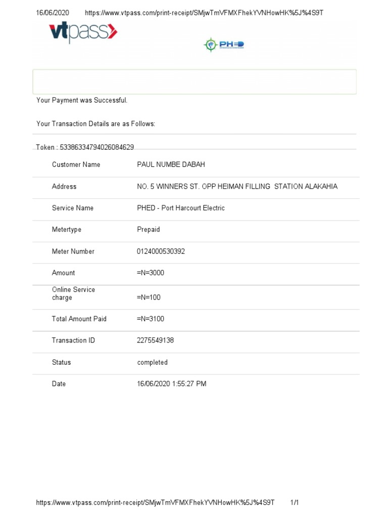 Paul Numbé Dabah's Successful Payment of N3,100 for PHED Prepaid ...