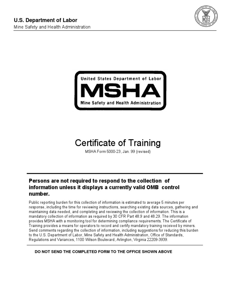 MSHA Form 5000-23 Training Certificate | PDF | Mining | Occupational ...