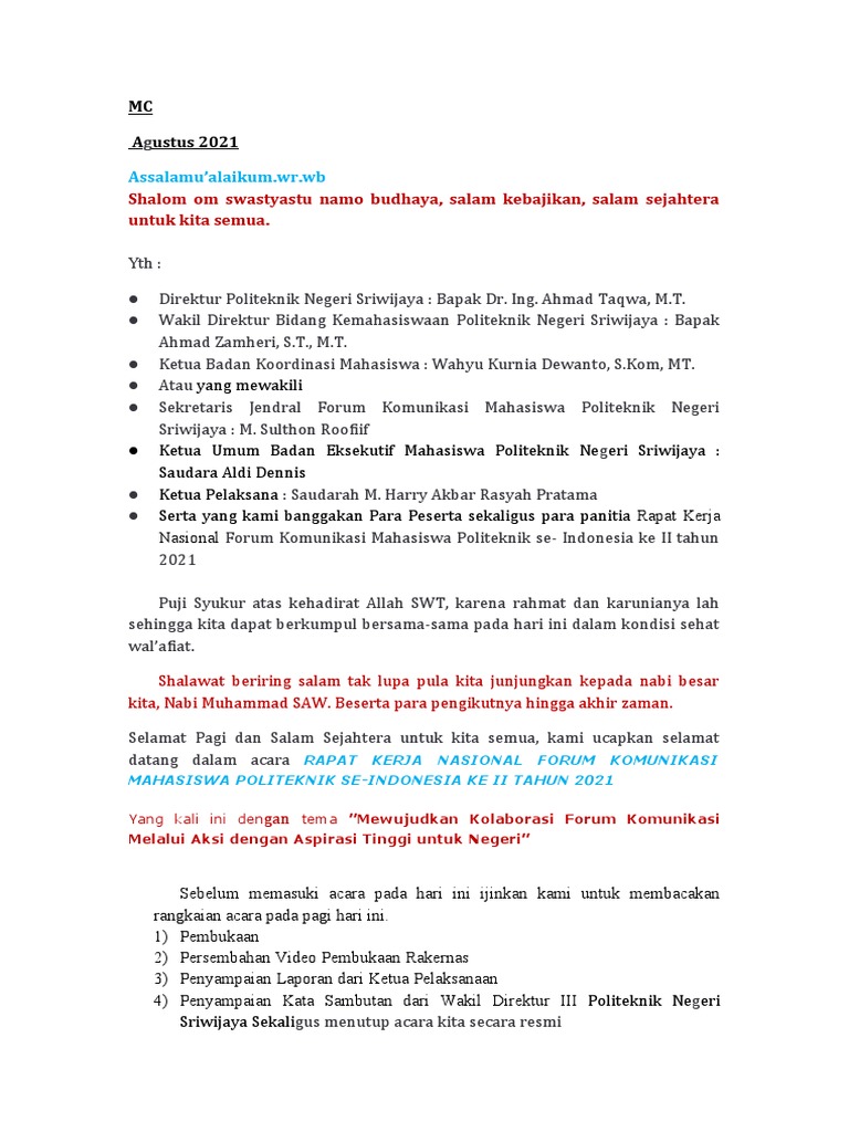 Teks MC Rakernas New Fix | PDF | Karier & Perkembangan