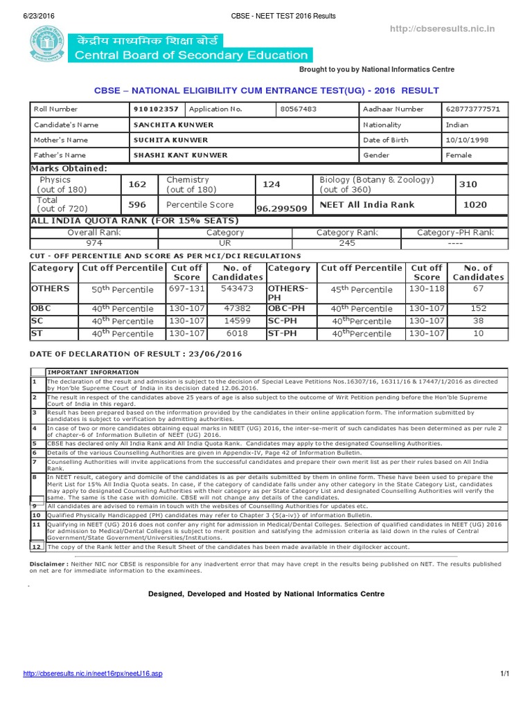 NEET 2016 Results for Candidates | PDF | Government