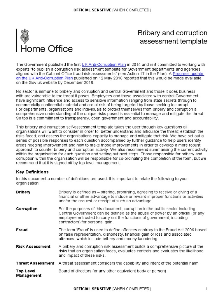 Bribery and Corruption Assessment Template: UK Anti-Corruption Plan ...