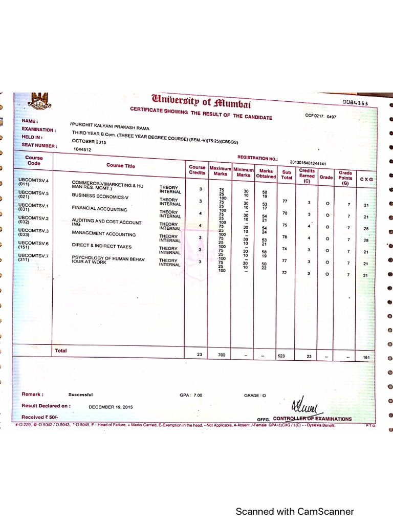 Bcom (Sem 5 & 6) - Graduation Marksheet | PDF