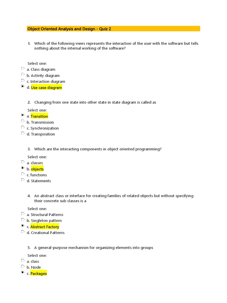 Object Oriented Analysis And Design Quiz 2 Pdf Use Case Class Computer Programming