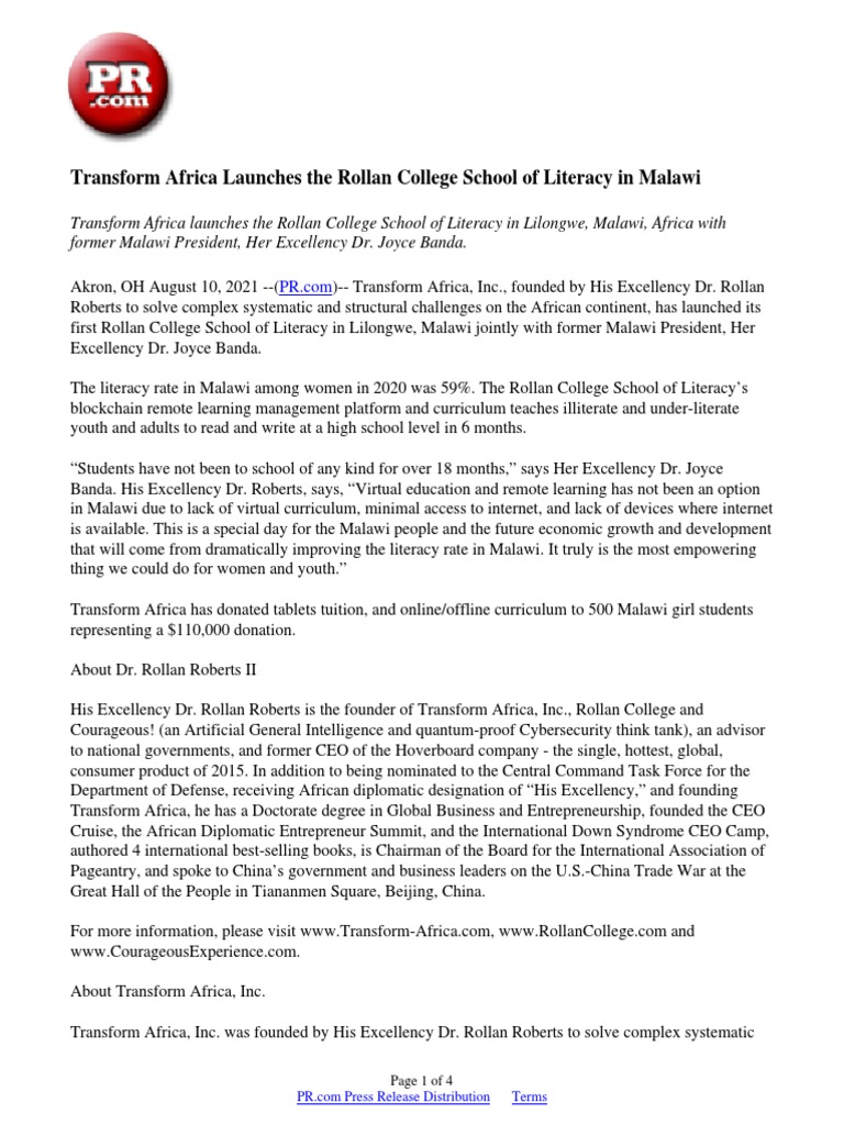 Rollan College Literacy Launch in Malawi | PDF | Literacy | Malawi