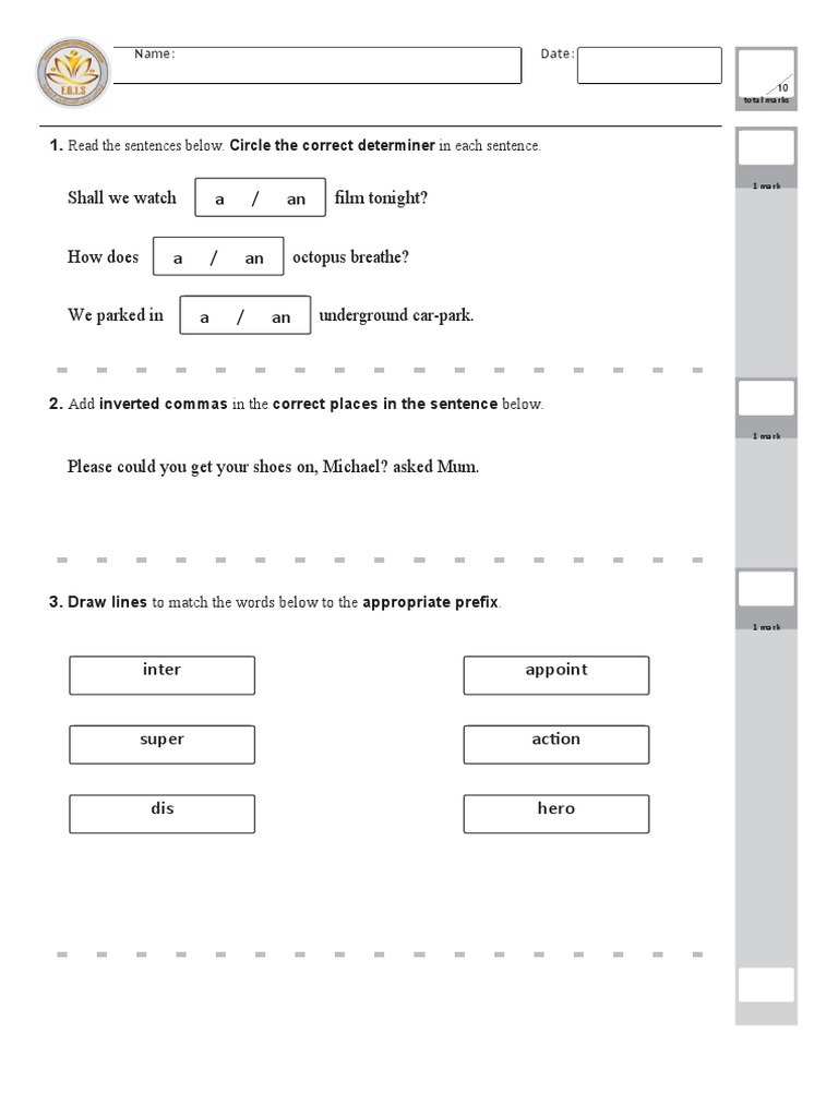 Year 3 Grammar and Punctuation Test | PDF | English Grammar | Punctuation